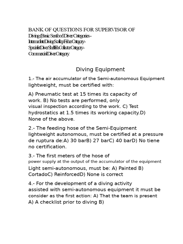 Diving Equipment Supervisor Questions | PDF | Insulator (Electricity ...