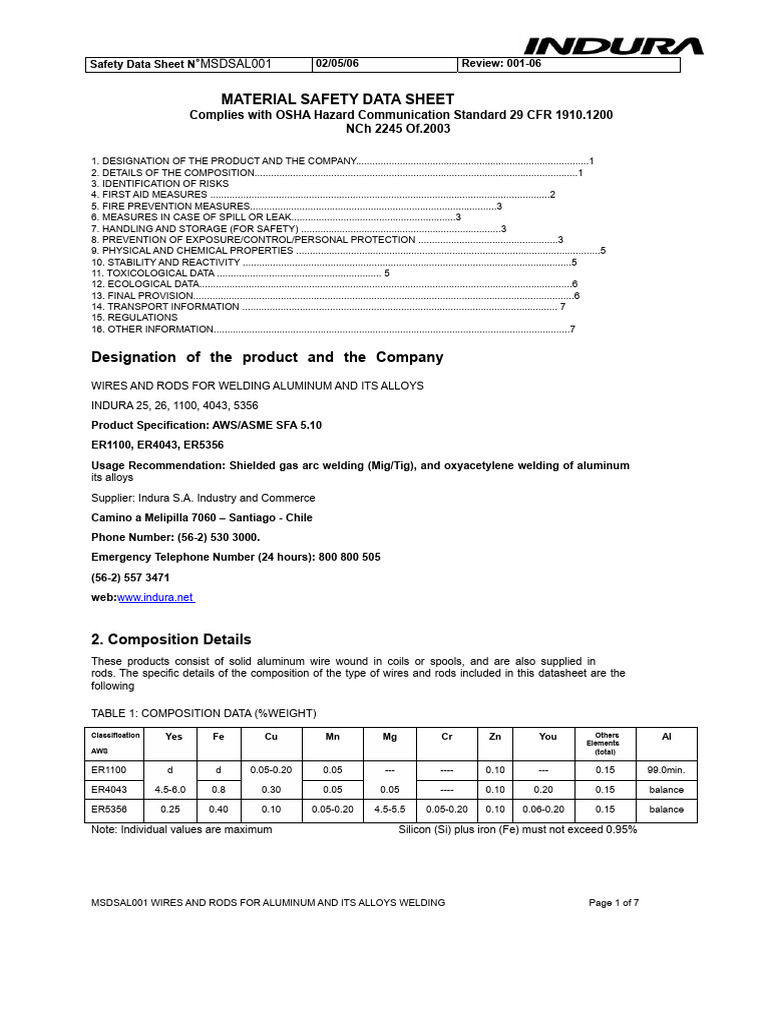 Aluminum Welding Rods Safety Data Sheet | PDF | Welding | Construction