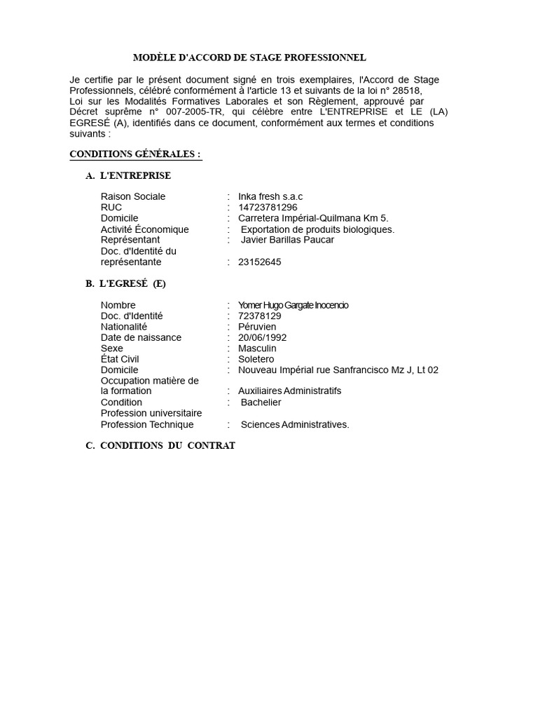 Modèle de Convention de Stages Professionnels | PDF | Business | Bourse ...