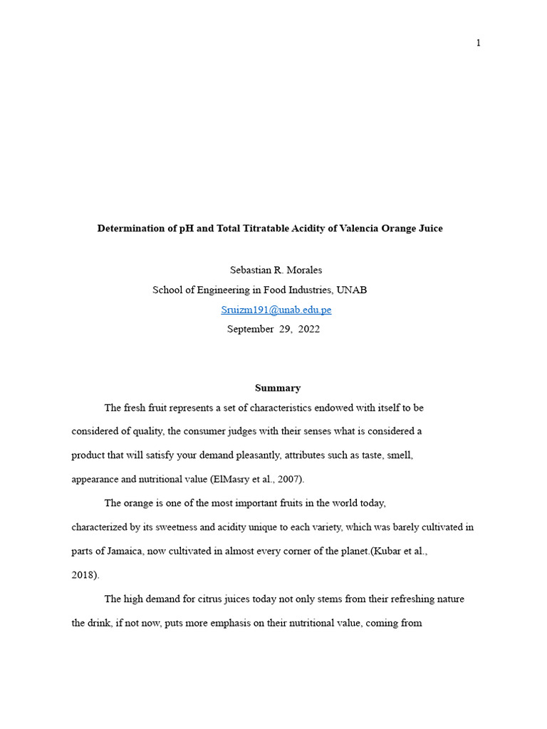 Determination of PH and Total Titratable Acidity of Valencia Orange ...