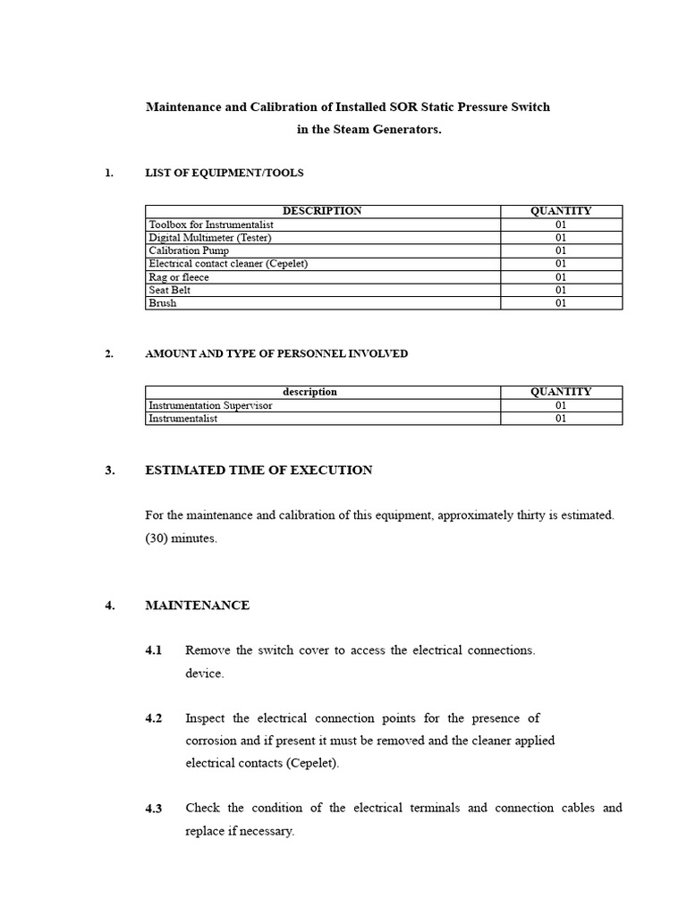 SOR Pressure Switch Maintenance Guide | PDF | Calibration | Switch