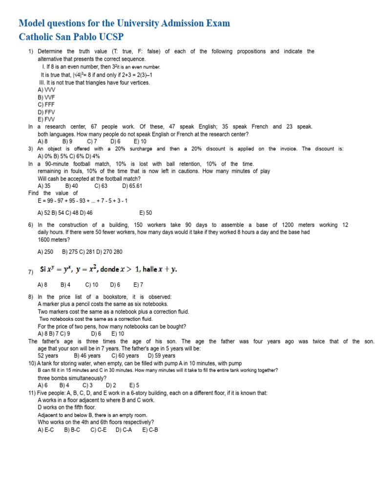 Model Questions For The Admission Exam of The Catholic University of ...