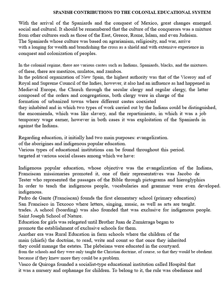 Spanish Contributions To The Colonial Educational System | PDF ...