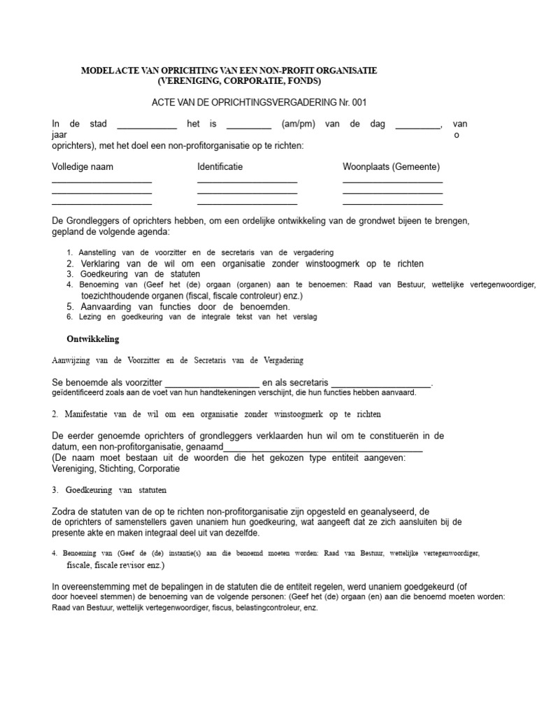 Model Akte Van Oprichting Van Een Non-Profitorganisatie | PDF