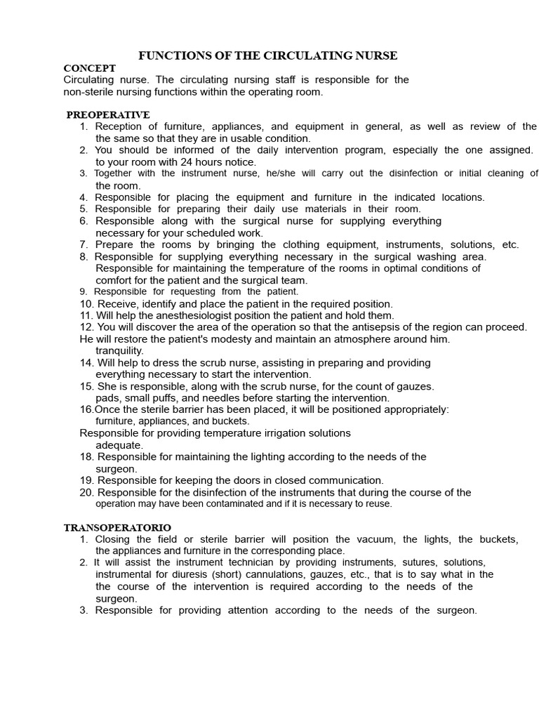 Functions of The Circulating Nurse | PDF | Operating Theater | Surgery