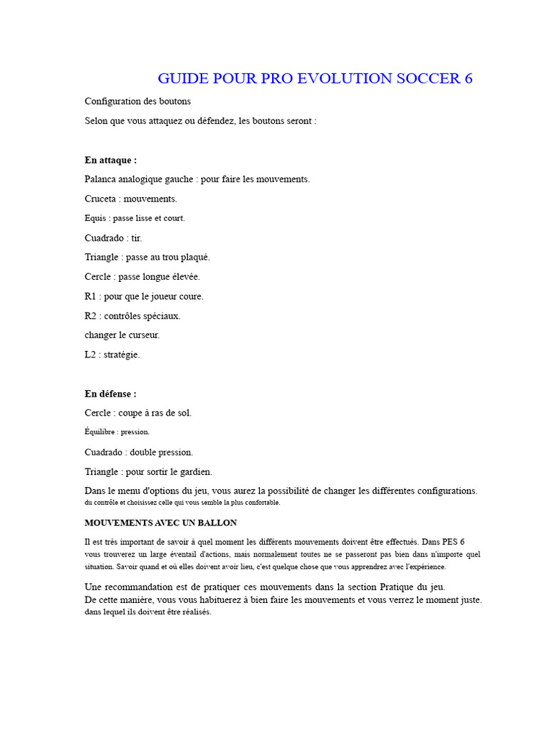 Guide des Contrôles PES 6 et Stratégies | PDF | Défenseur (football ...