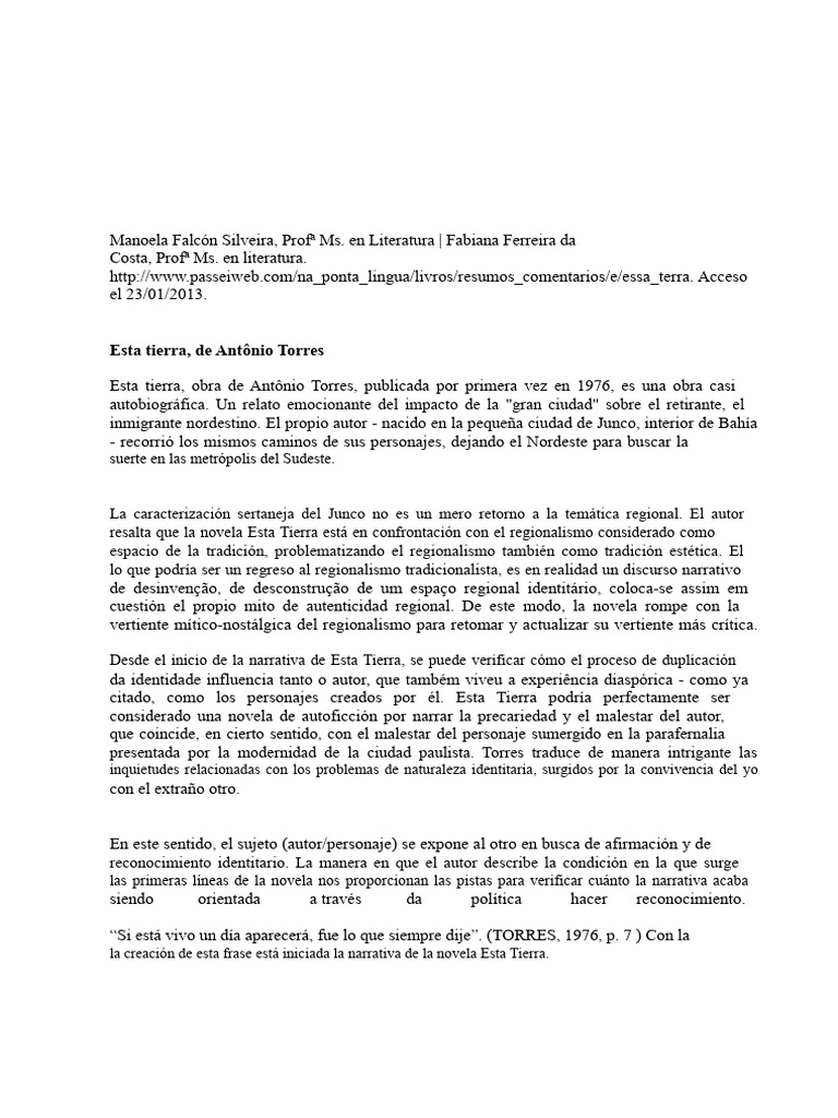 Esta Tierra Antonio Torres PDF | PDF | Novelas