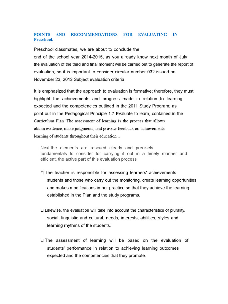 RECOMMENDATIONS FOR PRESCHOOL EVALUATION 1 | PDF | Educational Assessment | Evaluation