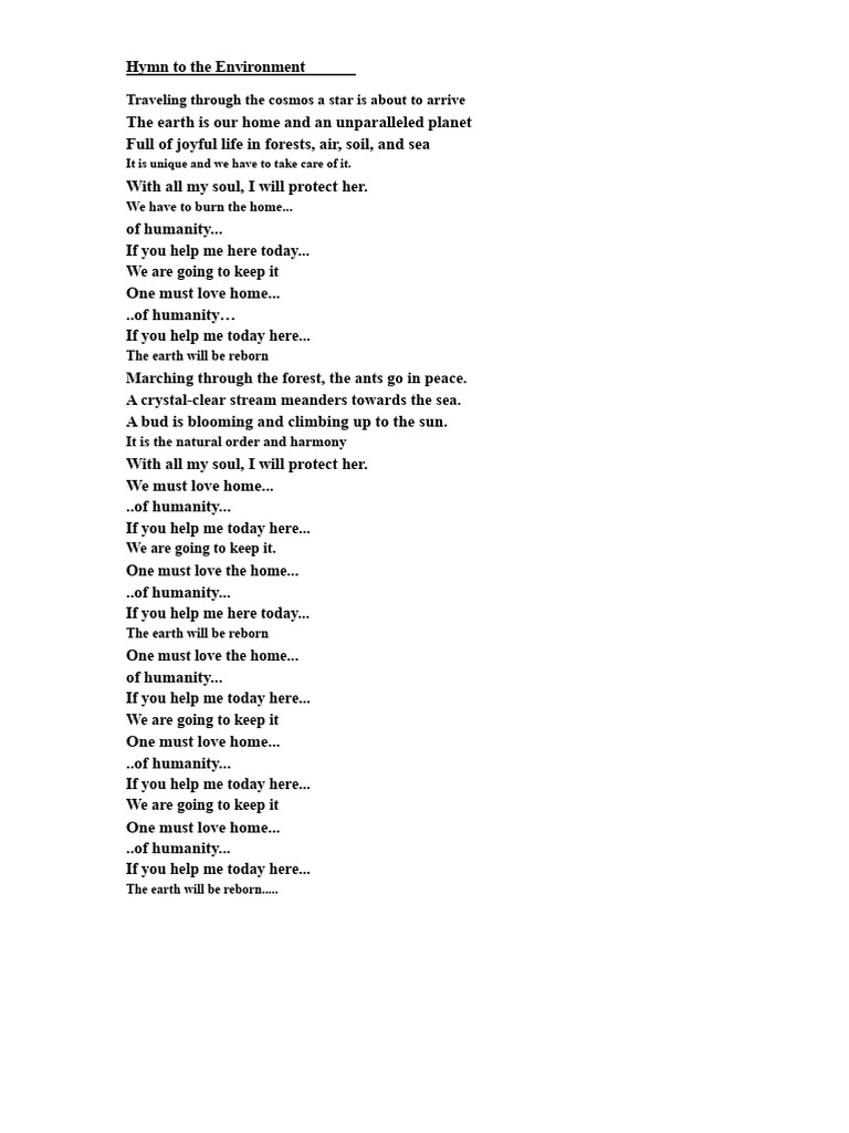 Lyrics of The Anthem To The Environment 5th Grade School 2018 | PDF