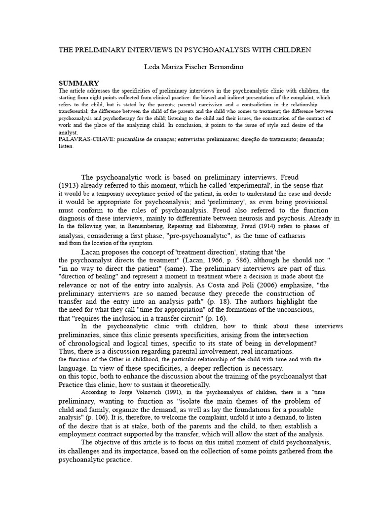 The Preliminary Interviews in Psychoanalysis With Children | PDF ...