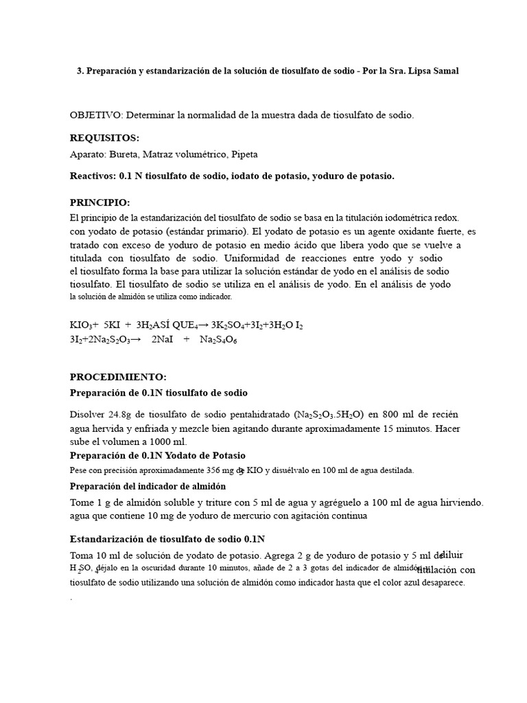 Estandarización de tiosulfato de sodio | PDF | Valoración | Química