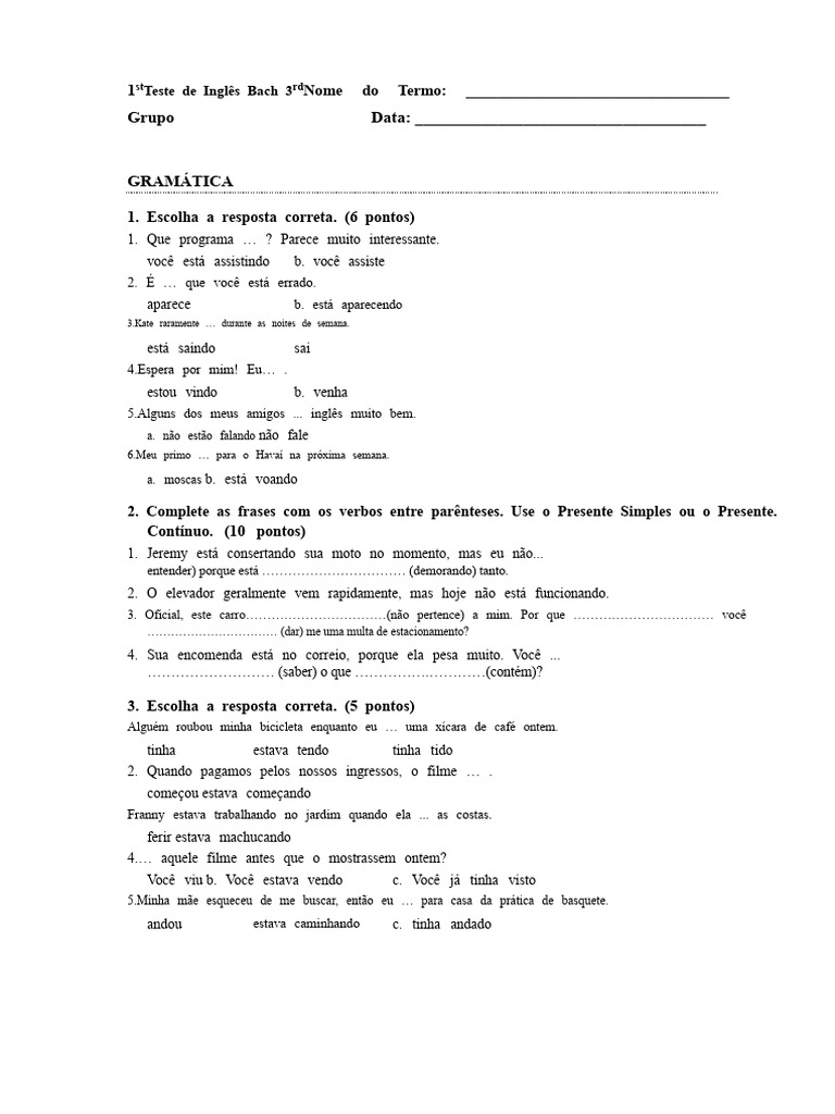 Exame de Gramática Bach | PDF