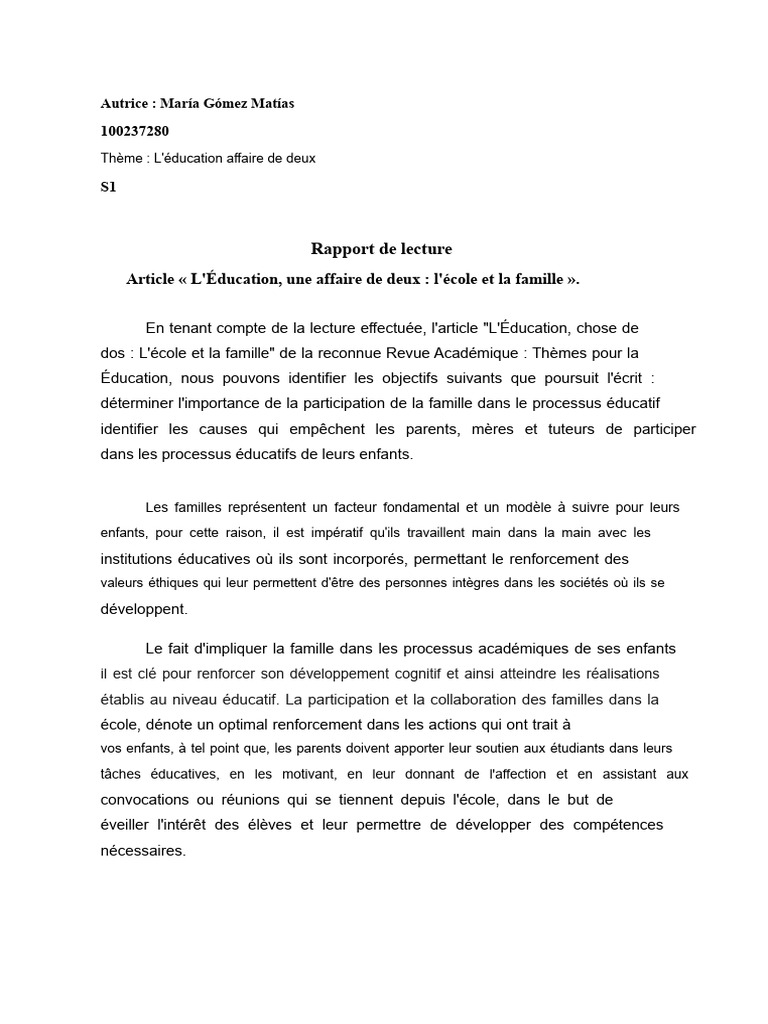 Rapport de Lecture - L'éducation, Une Affaire de Deux: L'école Et La ...