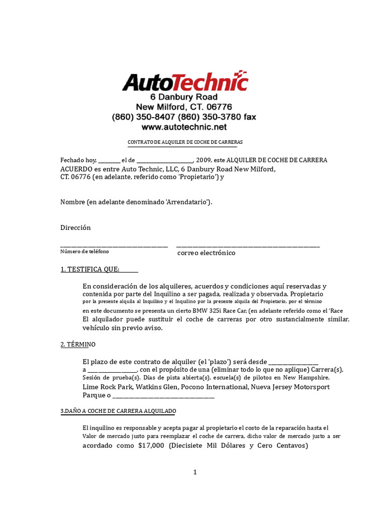 Contrato de Alquiler de Coche de Carreras | PDF | Propiedad | Coche