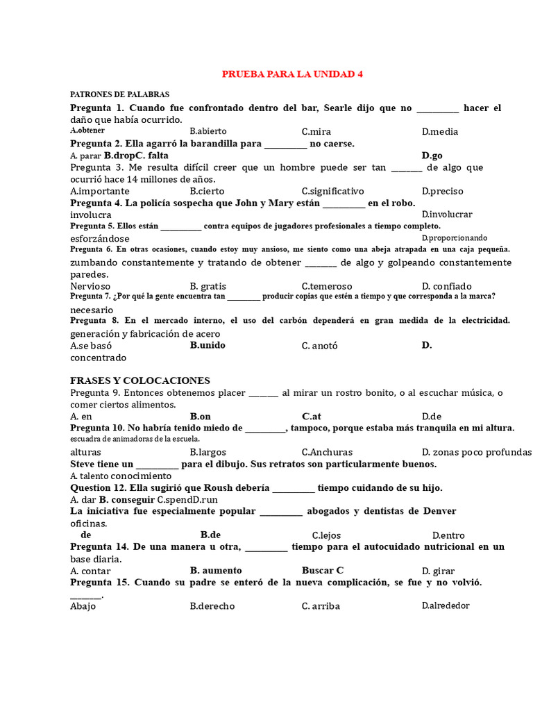 Prueba de vocabulario y gramática | PDF