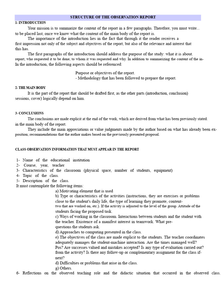 STRUCTURE OF THE OBSERVATION REPORT | PDF | Teachers | Behavior Modification