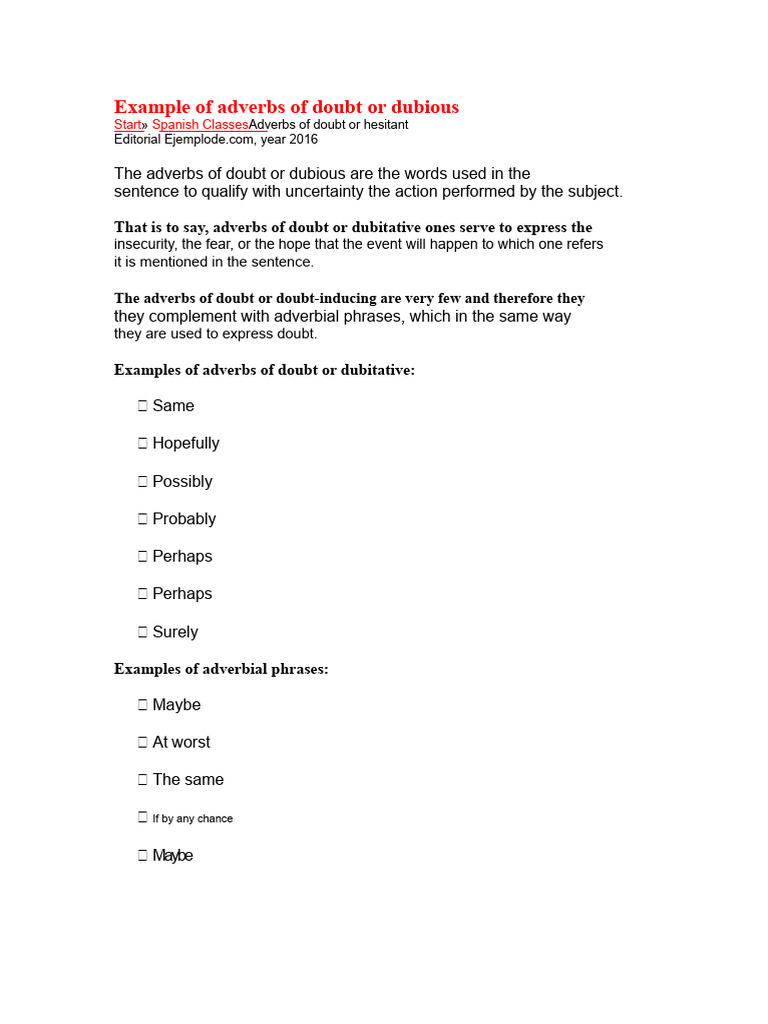 Example of Adverbs of Doubt or Dubitative | PDF