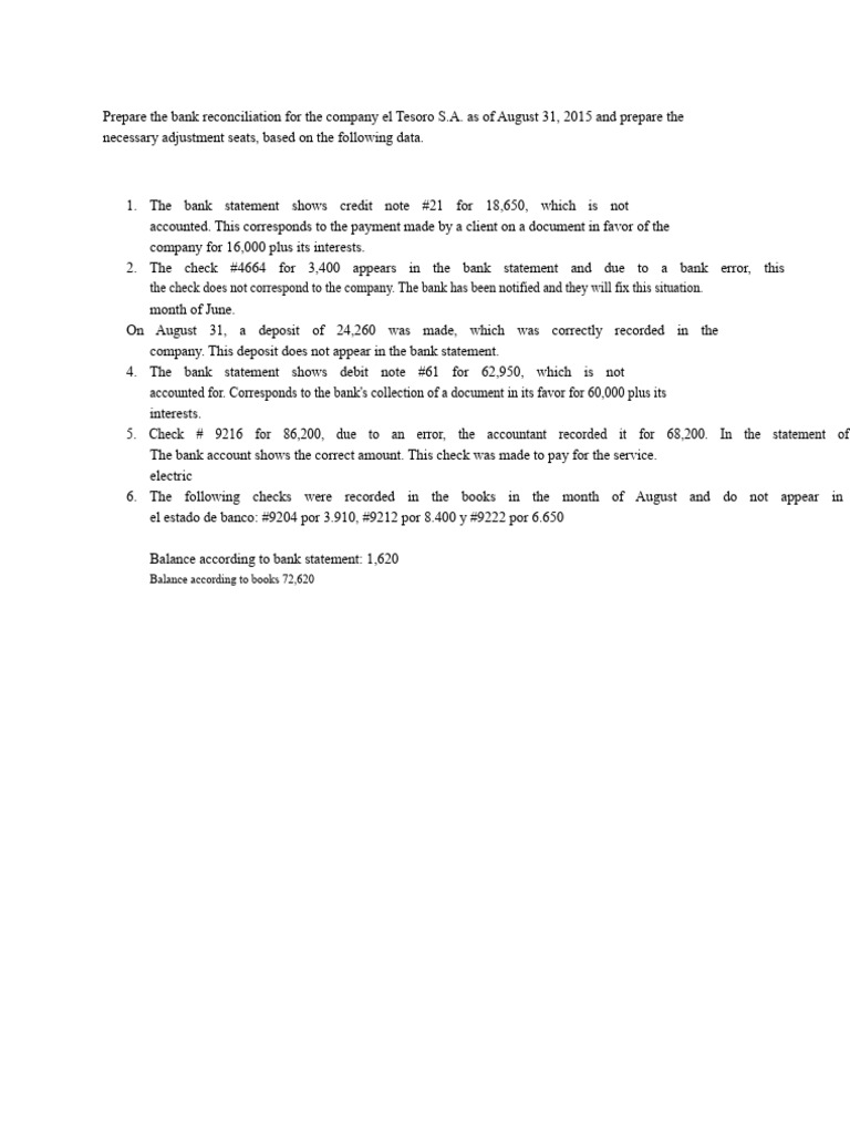 Bank Reconciliation Statements of The Company El Tesoro | PDF