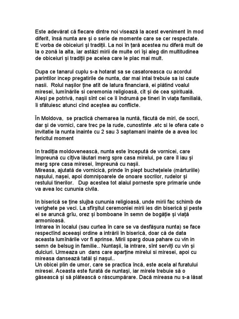 Obiceiuri de Nunta in Moldova | PDF