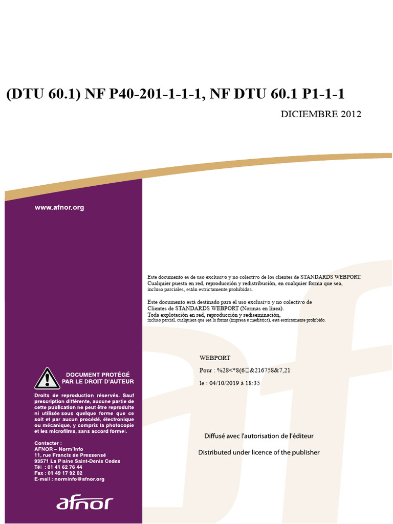(DTU 60.1) NF P40-201-1-1-1, NF DTU 60.1 P1-1-1: Diciembre 2012 | PDF