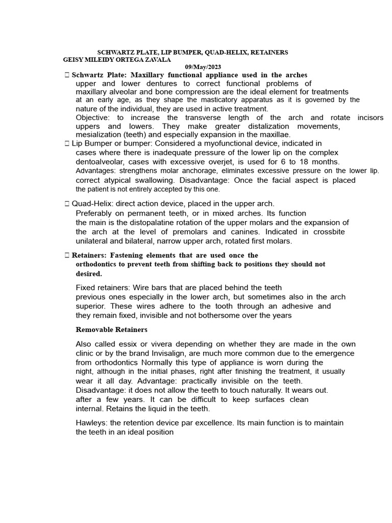 Summary Schwartz Plate, Lip Bumper, Quad-Helix, Retainers | PDF ...