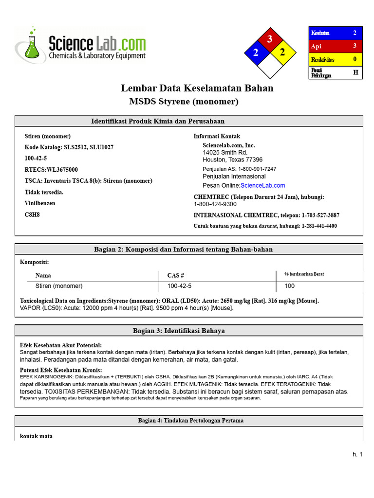 MSDS Styrene: Bahaya dan Penanganan | PDF