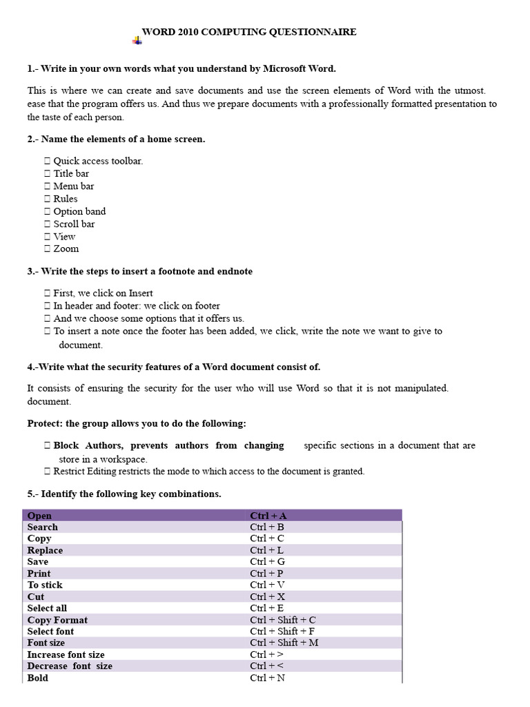 Word 2010 Computing Questionnaire | PDF | Microsoft Word | Keyboard ...