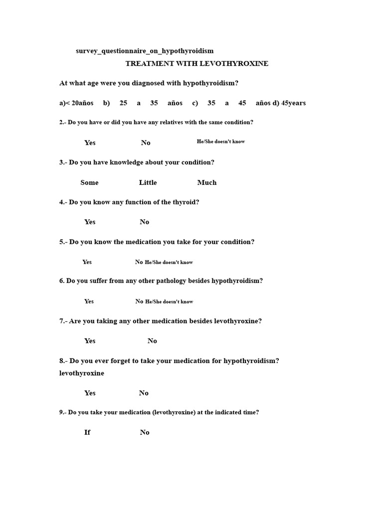 Survey Questionnaire On Hypothyroidism Treatment With Levothyroxine | PDF