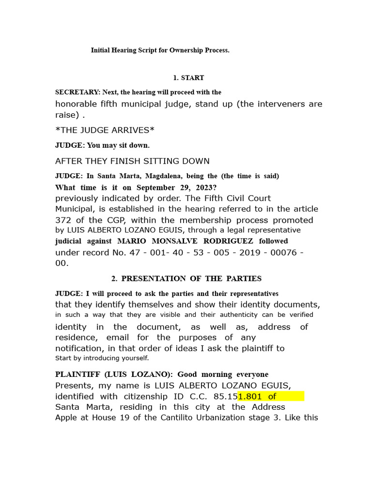Initial Hearing Script for Ownership Case | PDF | Lawsuit | Judge