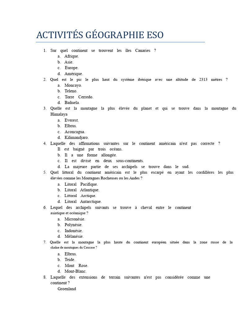 Activités de Géographie Pour Le Collège Type QCM | PDF | Montagnes ...