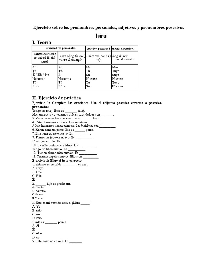 Ejercicio sobre adjetivos posesivos | PDF | Pronombre | Adjetivo