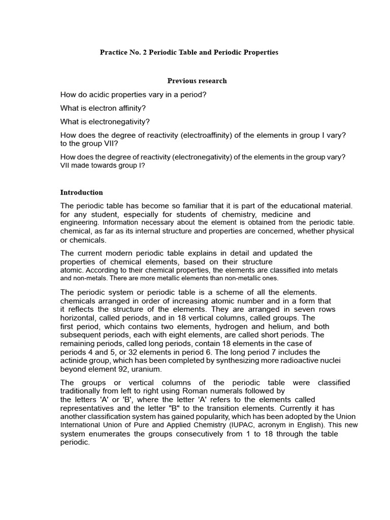 Periodic Table Properties and Experiments | PDF | Periodic Table ...