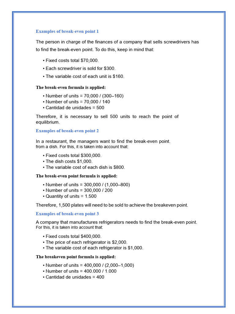 Break-Even Point Calculation Examples | PDF | Economic Equilibrium ...