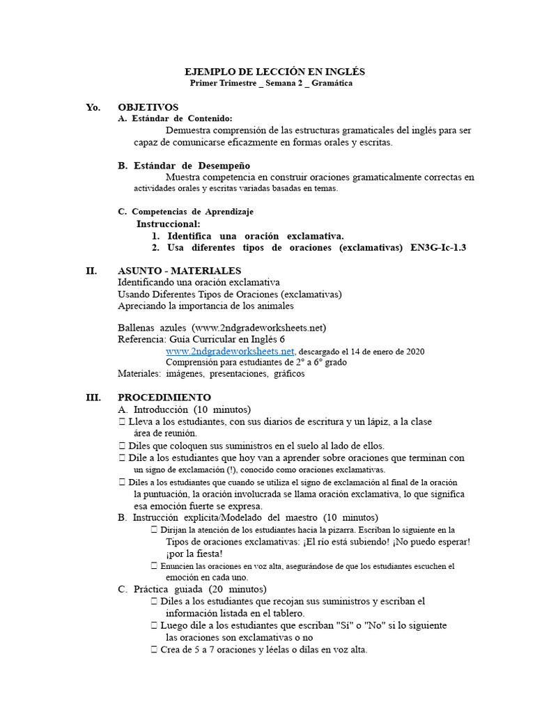 Lección Exemplar en Inglés Cuarto 1 - Semana 2 - Gramática | PDF ...