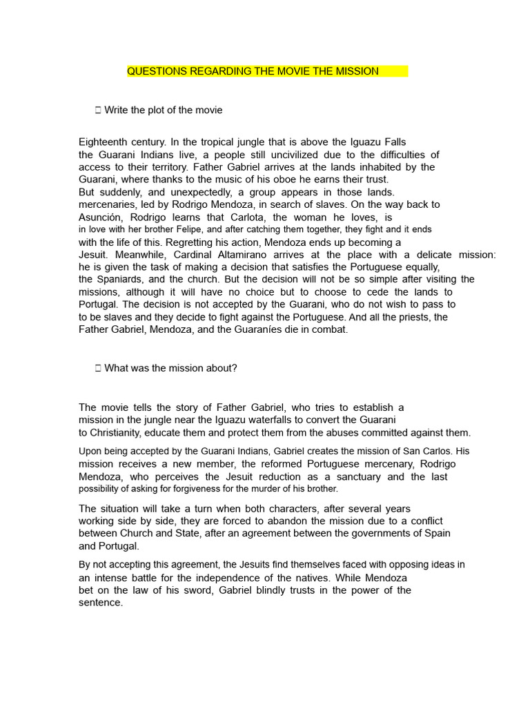 Questions Regarding The Movie The Mission | PDF | Christian Mission