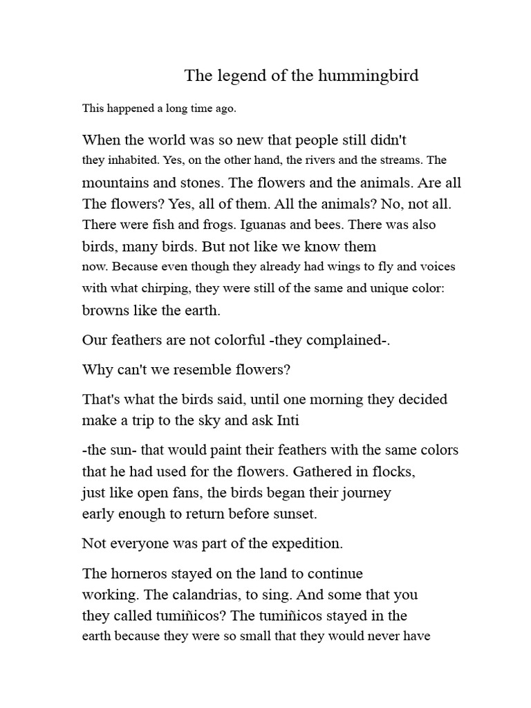 The Legend of the Hummingbird | PDF | Birds | Sky
