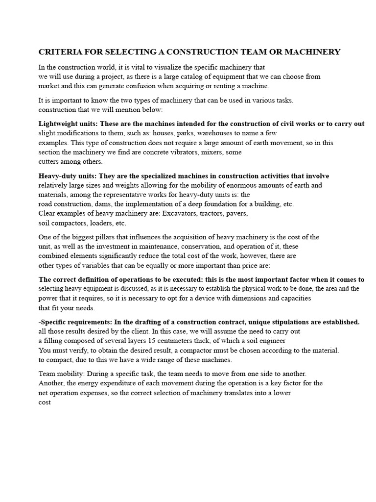 Criteria For The Selection of A Construction Team or Machinery PDF ...