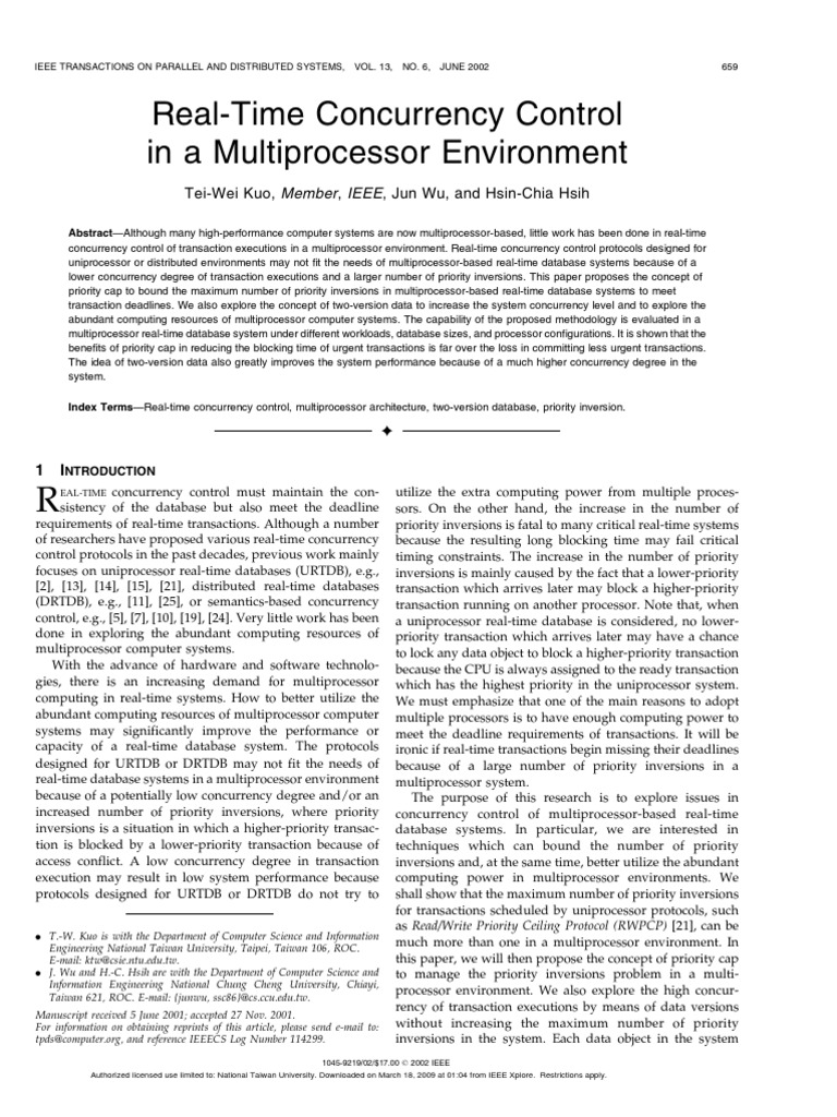 Real-Time Concurrency Control in A Multiprocessor Environment | PDF | Real Time Computing ...