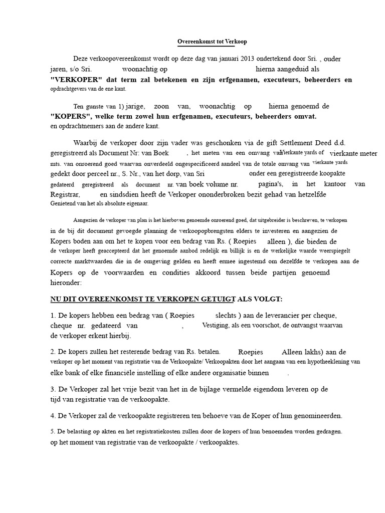 Overeenkomst Voor Verkoop - Kopie | PDF