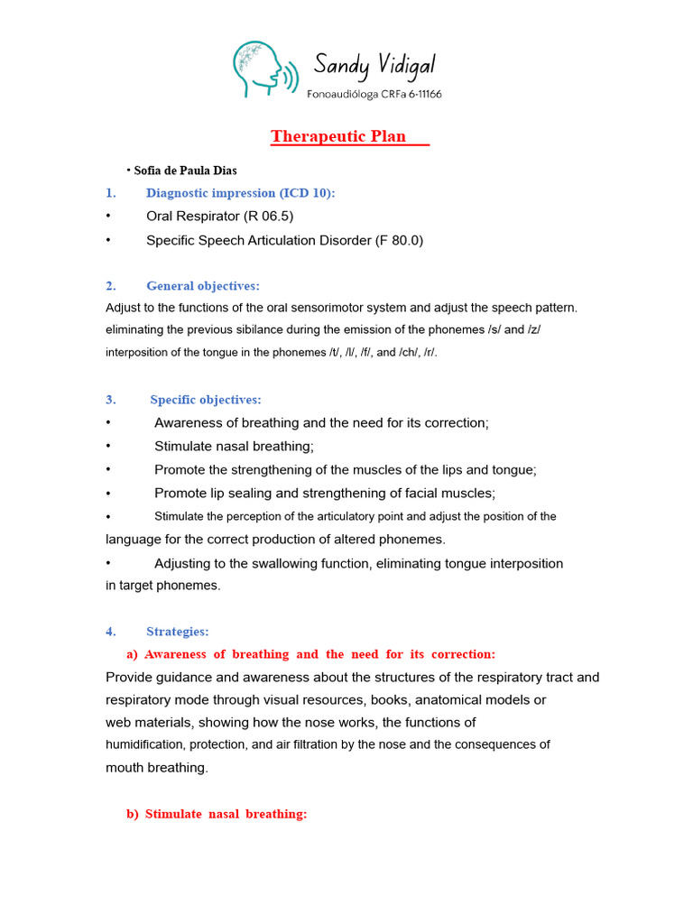 Speech Therapy Plan for Articulation Issues | PDF | Breathing | Perception