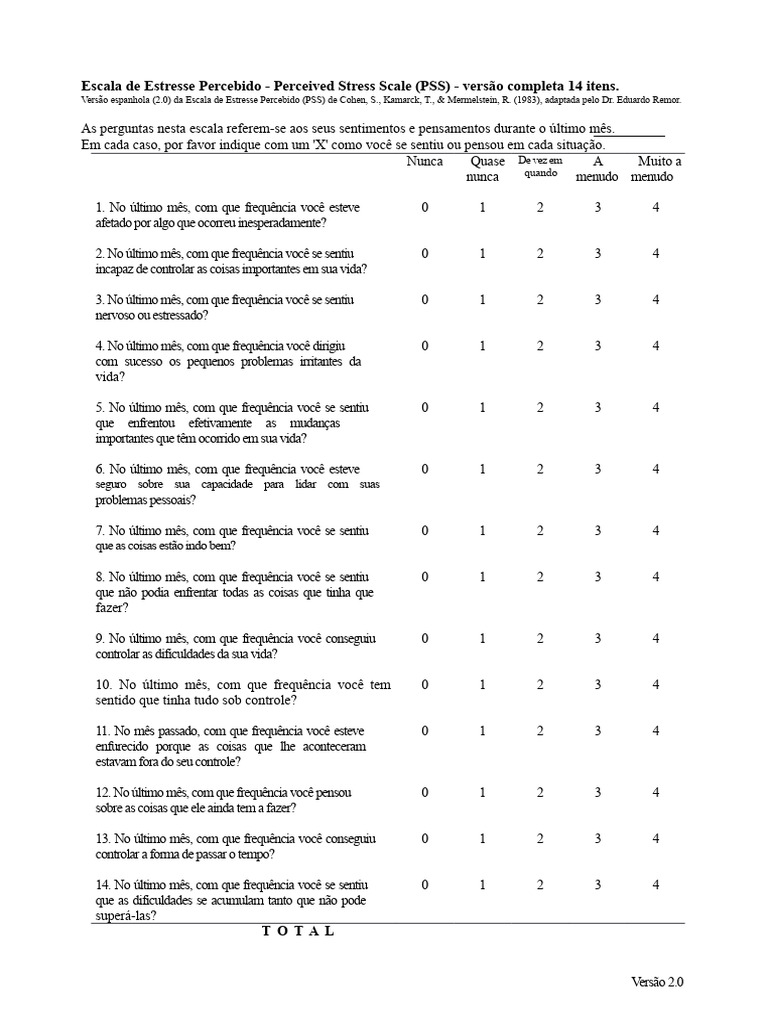 Escala de Estresse Percebido Pss | PDF | Estresse (Biologia ...