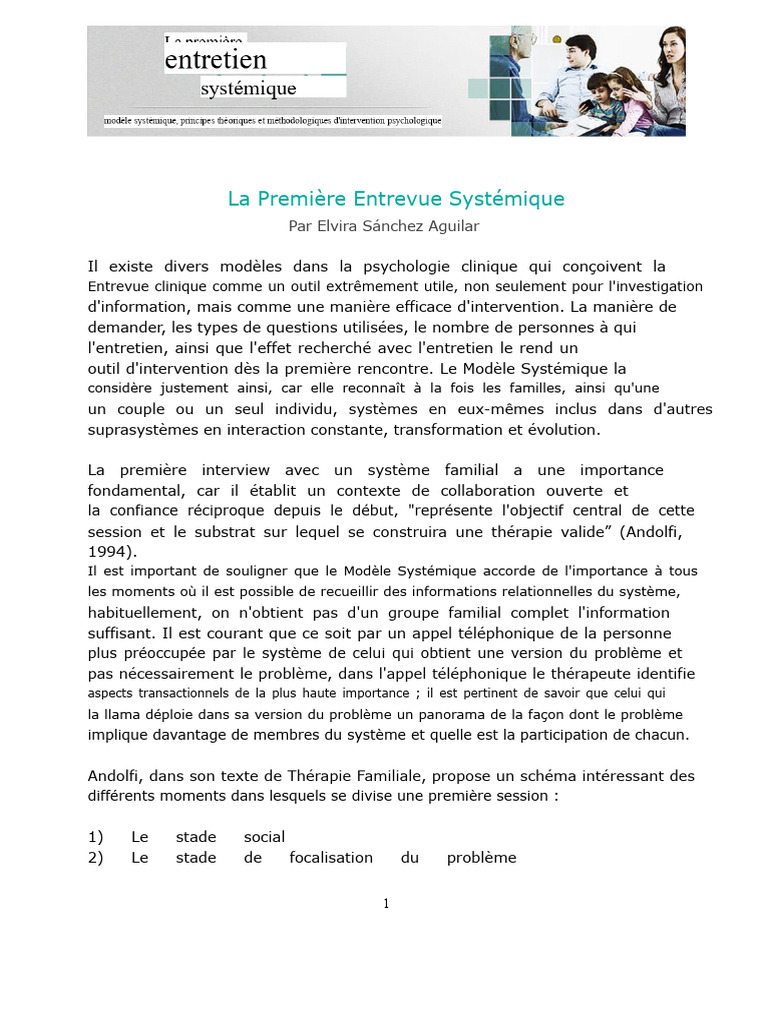 Première Entrevue Systémique en Thérapie | PDF | Psychothérapie ...