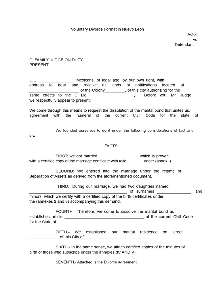 Nuevo León Voluntary Divorce Format | PDF | Divorce | Common Law