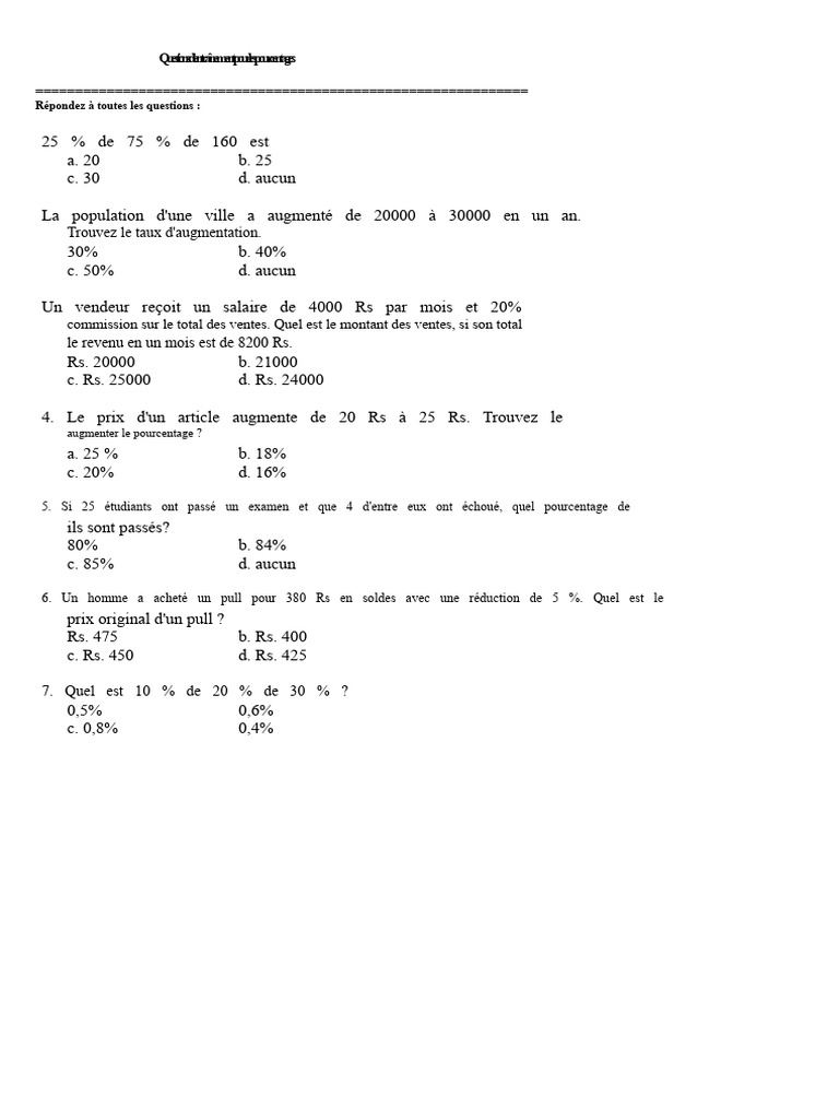 Questions de pourcentages et calculs mathématiques | PDF | Pourcentage