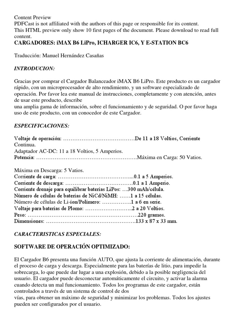 Manual IMAX B6 | PDF | Batería (electricidad) | Cargador de batería