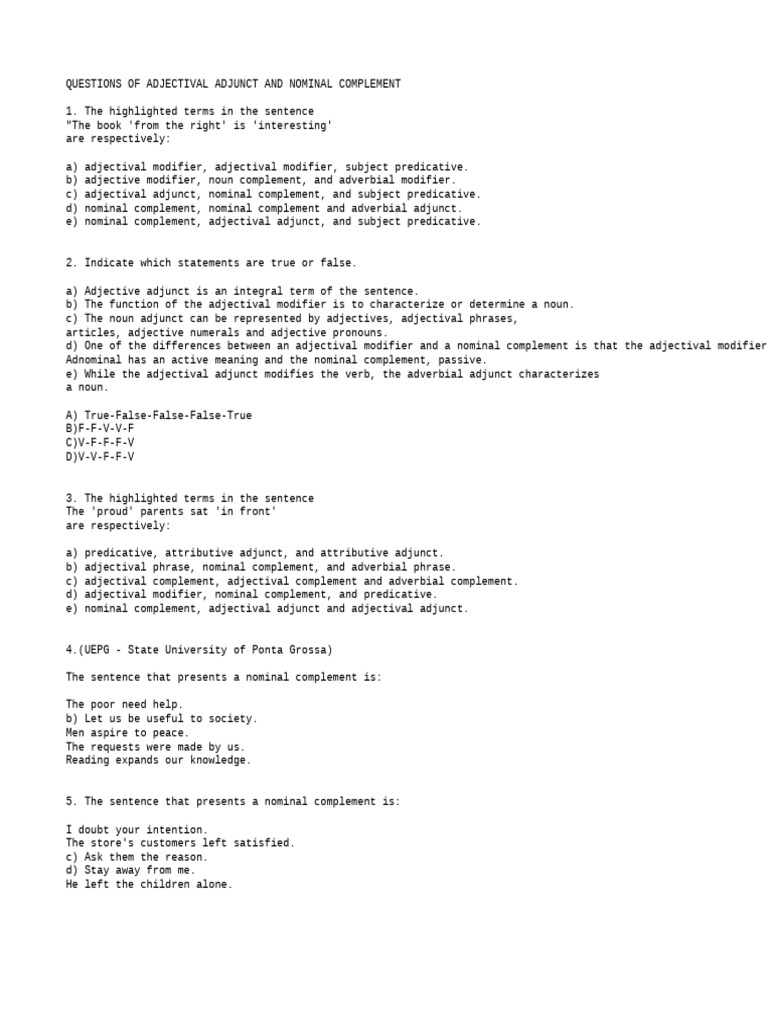 Adjectival and Nominal Complements Explained | PDF | Adjective | Verb