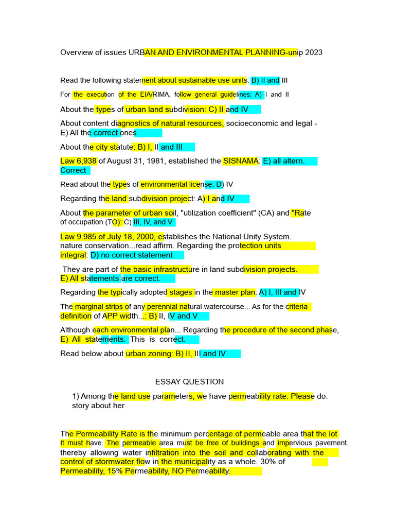 Summary of Questions URBAN AND ENVIRONMENTAL PLANNING - Unip Exam 2023 ...