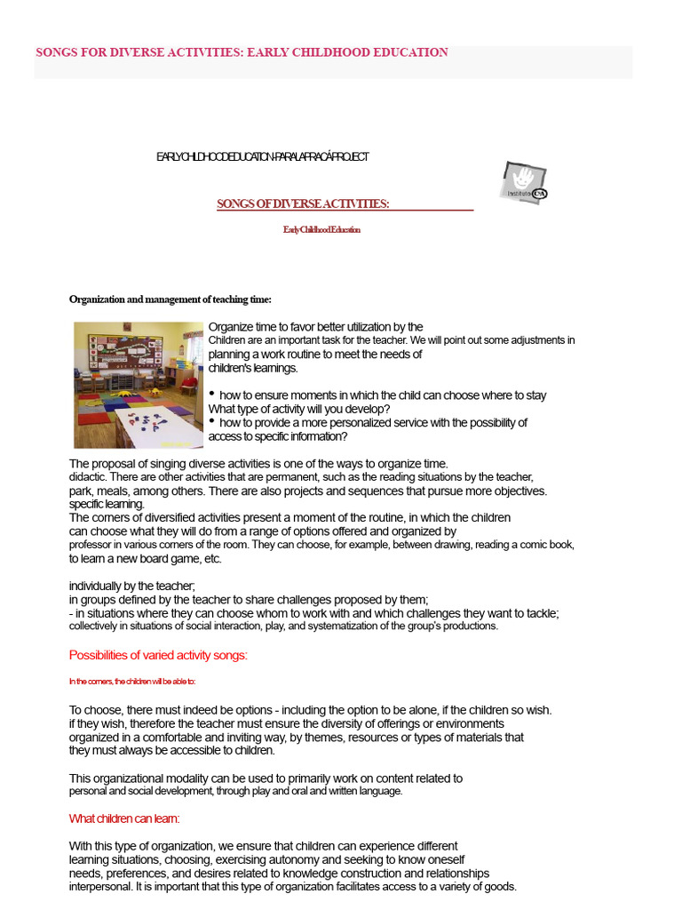 Songs of Diversified Activities Early Childhood Education Ok | PDF ...