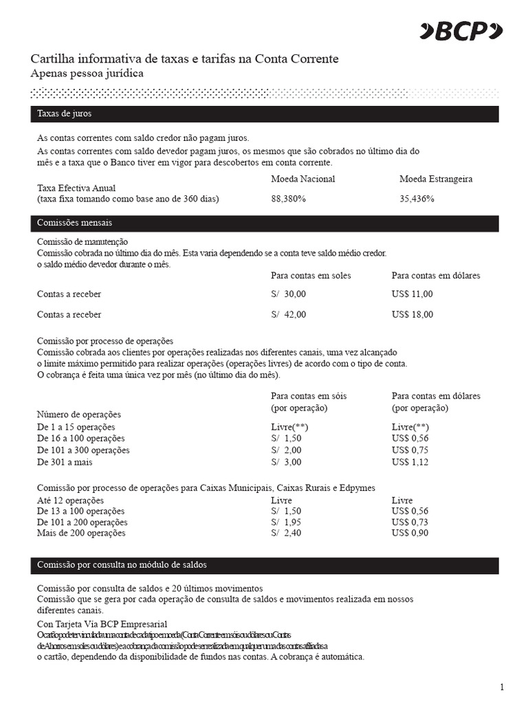 Cartilha informativa de taxas e tarifas na Conta Corrente_só pessoa jurídica do bcp.pdf | PDF ...