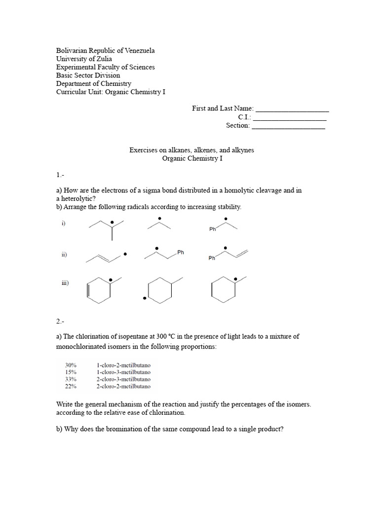 Exercises On Alkanes, Alkenes, and Alkynes | PDF
